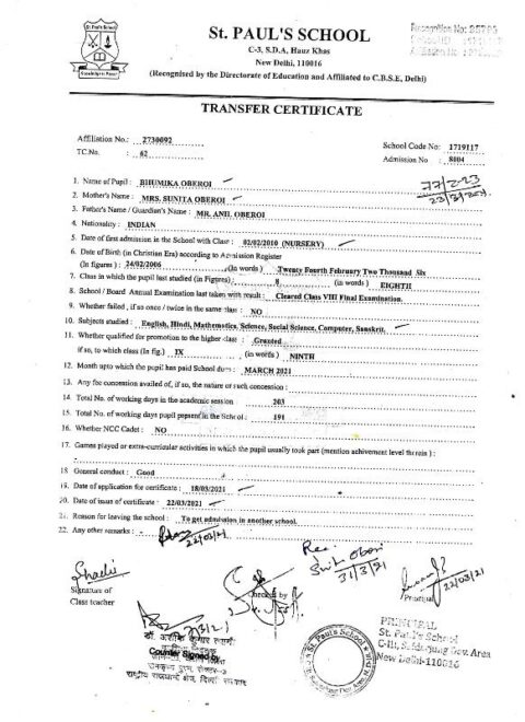 Transfer Certificates | St Paul's School